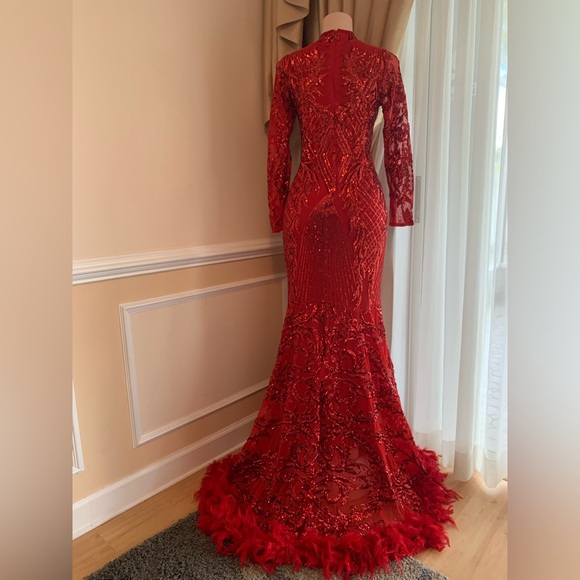 Dresses | Stunning Custom Made Red Formal Gown With Feathers | Poshmark
